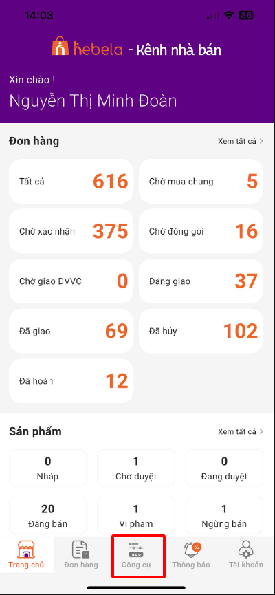 Hướng dẫn điều chỉnh tồn kho trên Hebela Seller Mobile